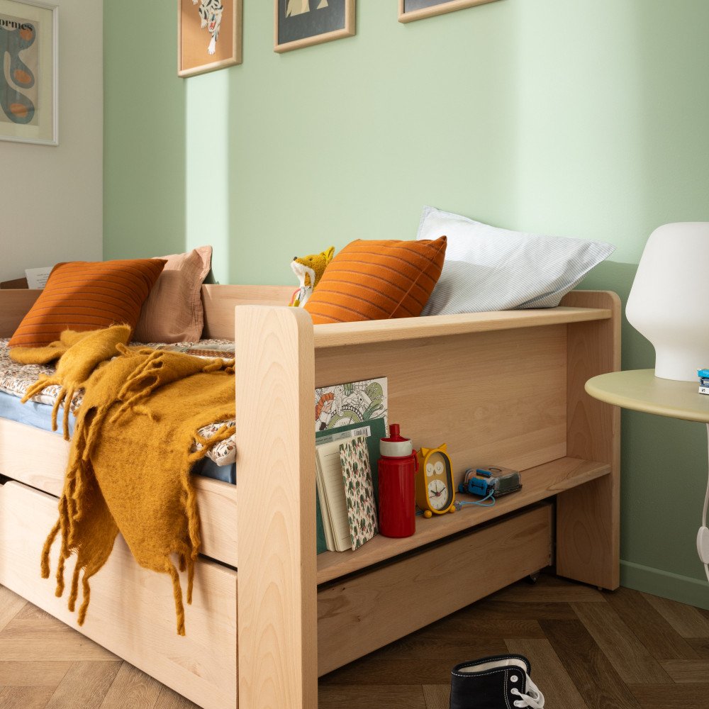 Lit banquette enfant 90x190 avec rangements ARSENE hêtre massif