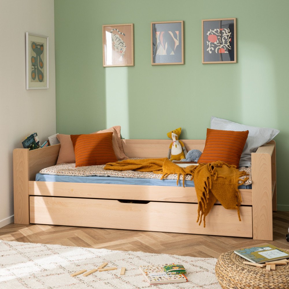 Lit banquette gigogne 90x190 avec rangements ARSENE hêtre massif